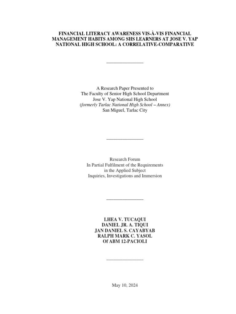 Financial Literacy Awareness Vis-À-Vis Financial Management Habits Among Shs Learners at Jose V ...