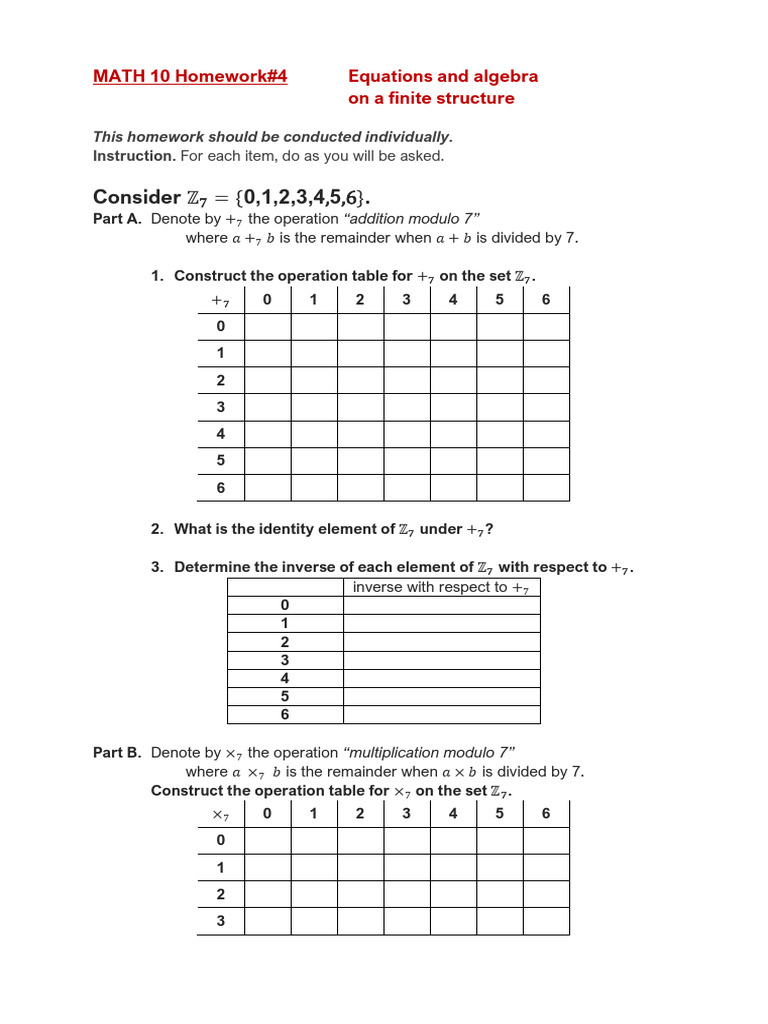 M10 HW 4 (Eq and Alg On A Finite Structure) | PDF | Equations | Mathematical Analysis