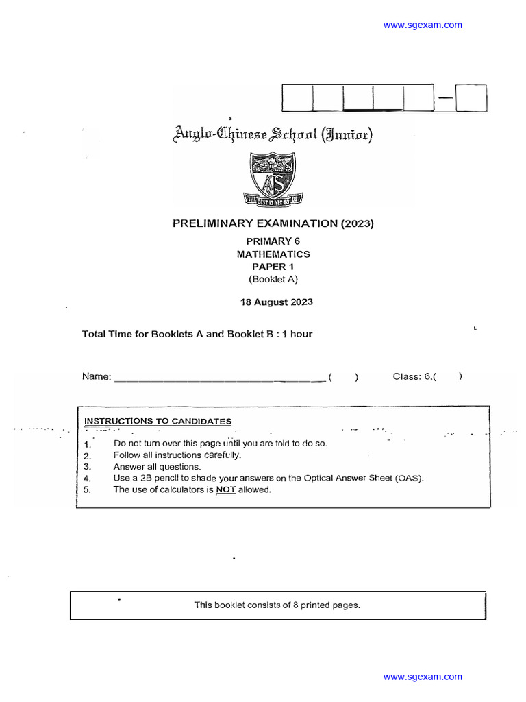 2023-P6-Maths Paper 1-Prelim-ACSJ | PDF