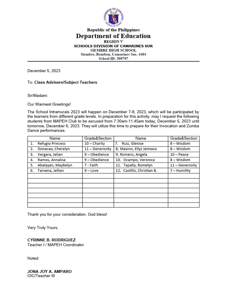 Excuse Letter for MAPEH Club Practice | PDF