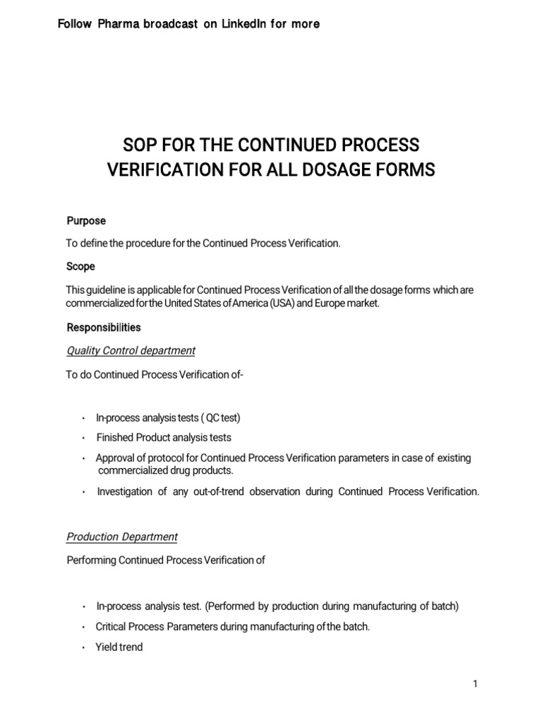 Continued Process Verification SOP | PDF | Verification And Validation | Business Process
