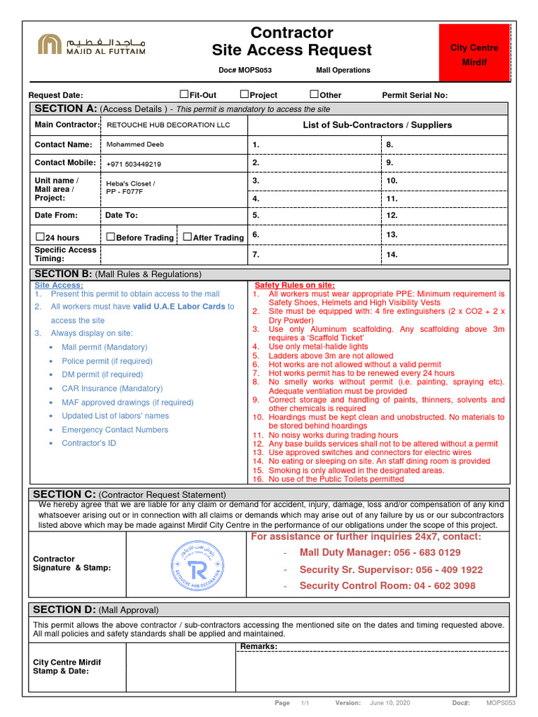 MOPS053-Contractor Site Access Request | PDF | Technology & Engineering