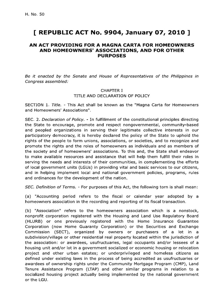 RA 9904 Magna Carta For Homeowners | PDF