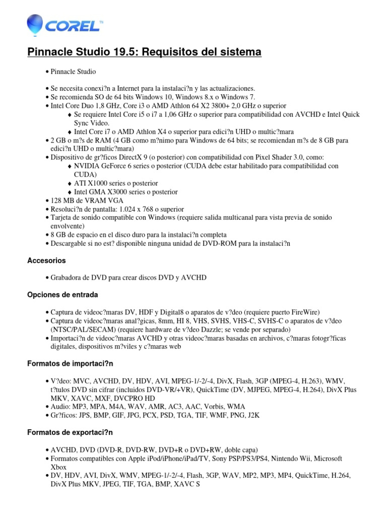 Requisitos de Pinnacle Studio 19.5 | PDF | Multimedia | Tecnología digital