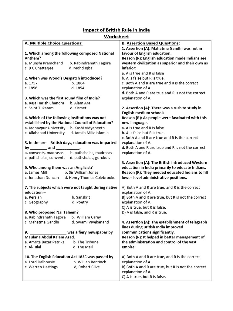 Impact of British Rule in India - Worksheet | PDF | South Asia