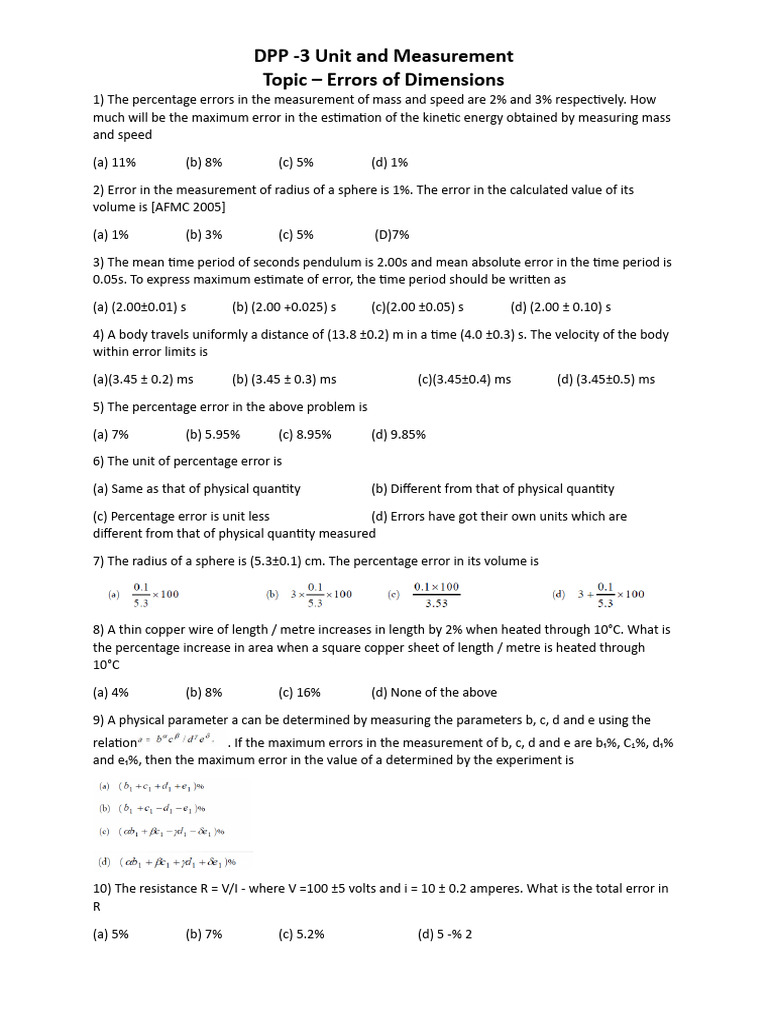 DPP - 3 Unit and Measurement Topic - Errors of Dimensions | PDF