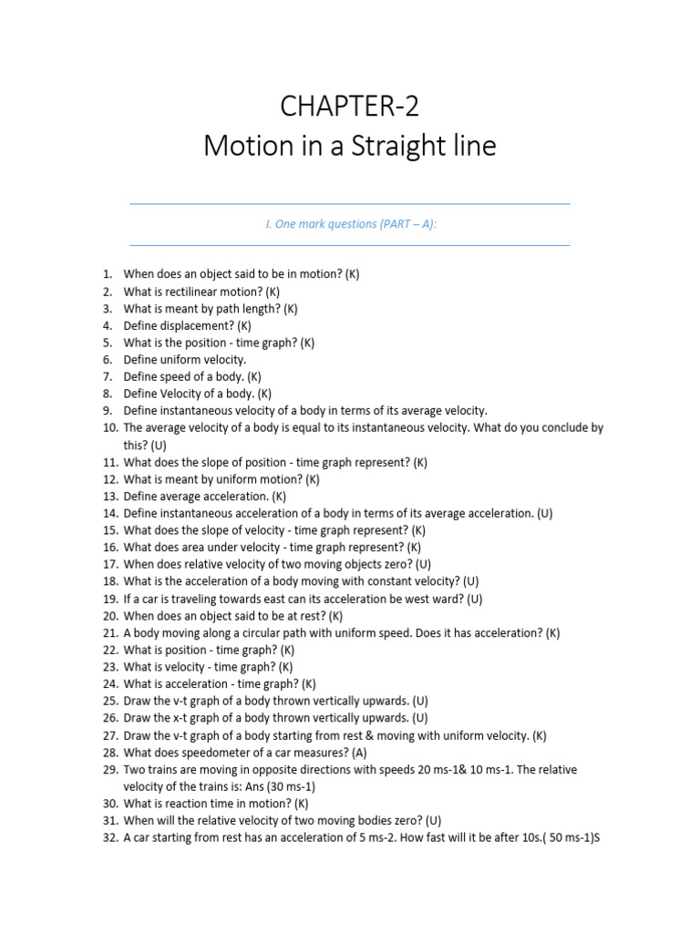 Motion Straight - Questions | PDF | Acceleration | Velocity
