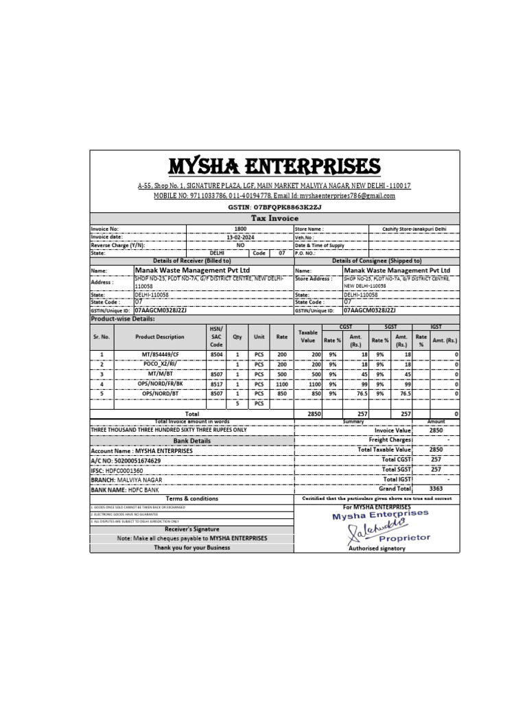 Mysha Enterprises Bill No.1800 (Manak-Cashify Store-Janak Puri) | PDF ...