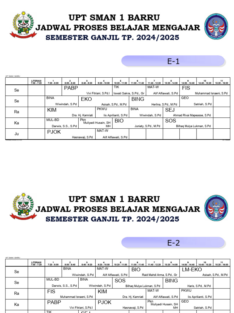 Revisi Jadwal Pelajaran 1 2024-2025 | PDF