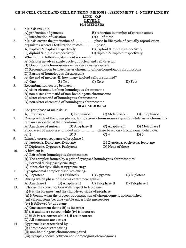 CH 10 Cell Cycle and Cell Division Meiosis Assignment 1 Ncert Line by ...