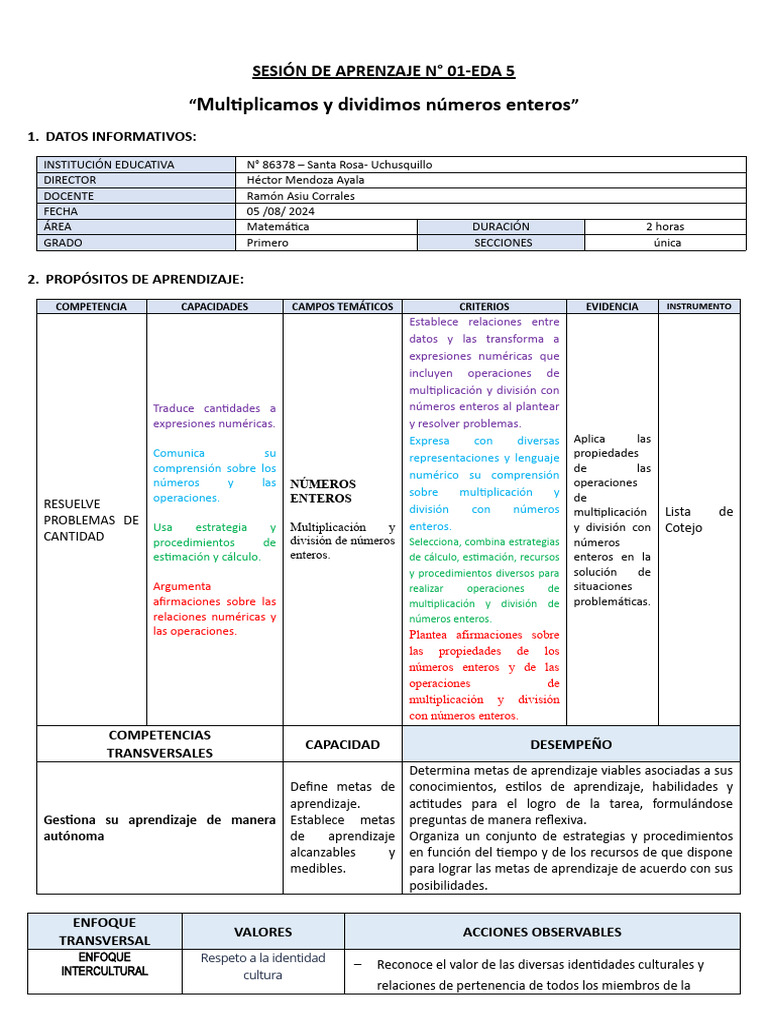 Sesion #01 EDA 5 MULTIPLICACION Y DIVISION DE NUMEROS ENTEROS | PDF ...