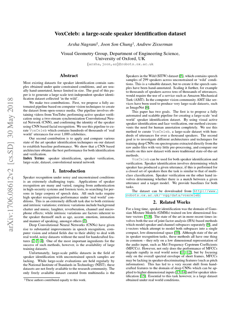 VoxCeleb: Large-Scale Speaker Dataset | PDF | Artificial Intelligence ...