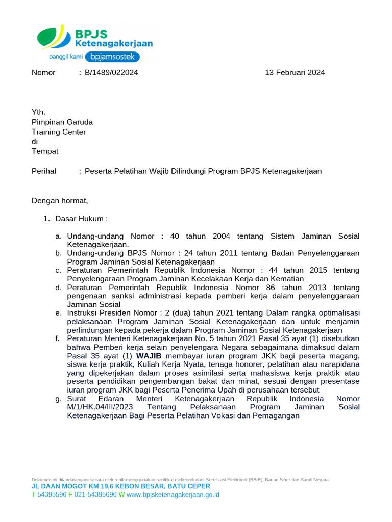 Surat Keluar B 1489 022024 Peserta Pelatihan Wajib Dilindungi Program BPJSTK | PDF | Karier ...