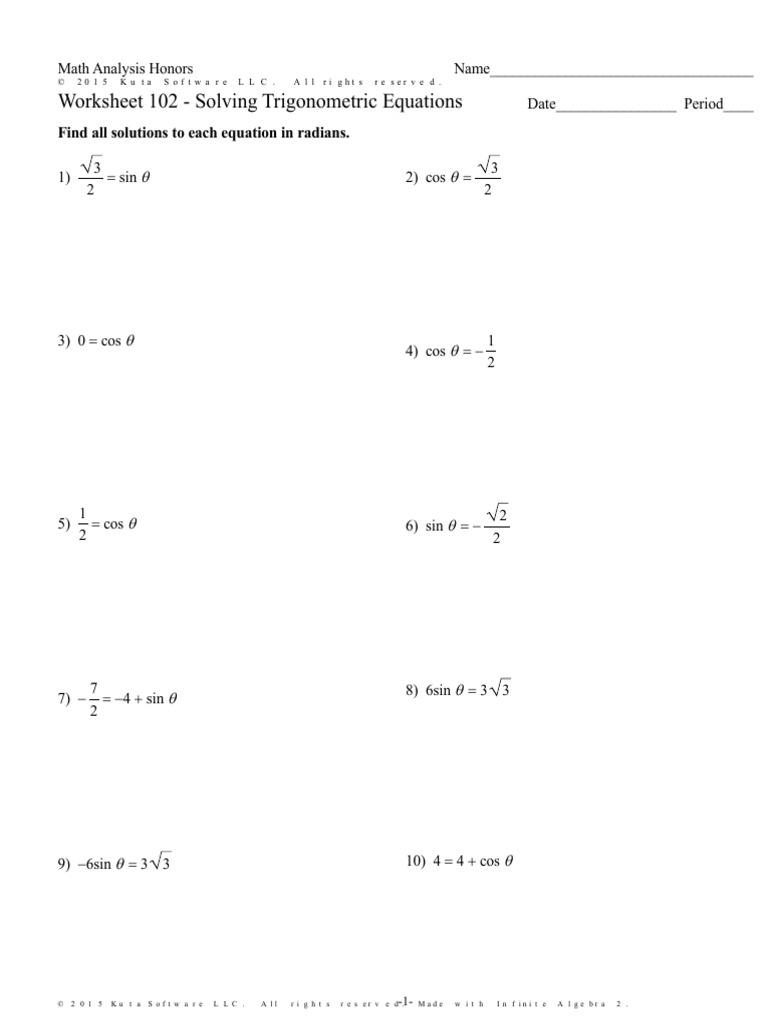 Worksheet 102 - Solving Trigonometric Equations | PDF | Equations ...