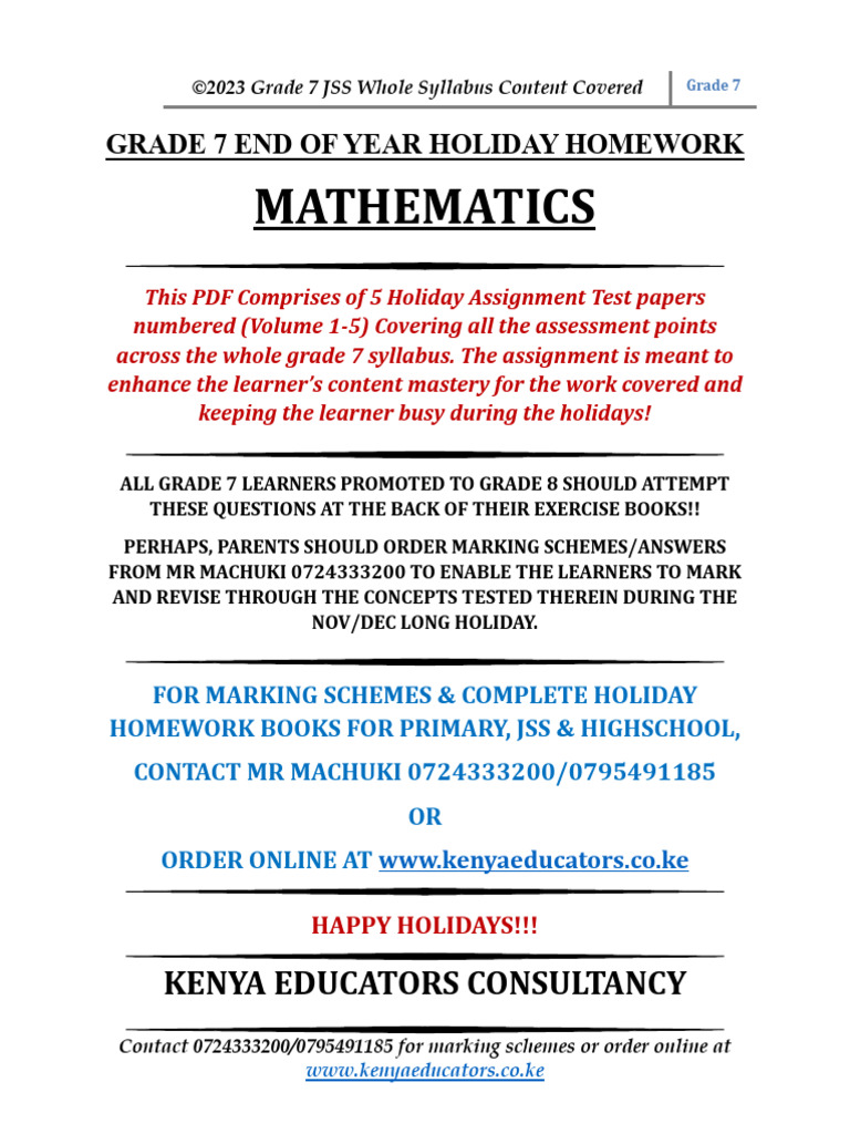 Grade 7 Holiday Math Homework 2023 | PDF | Area | Numbers
