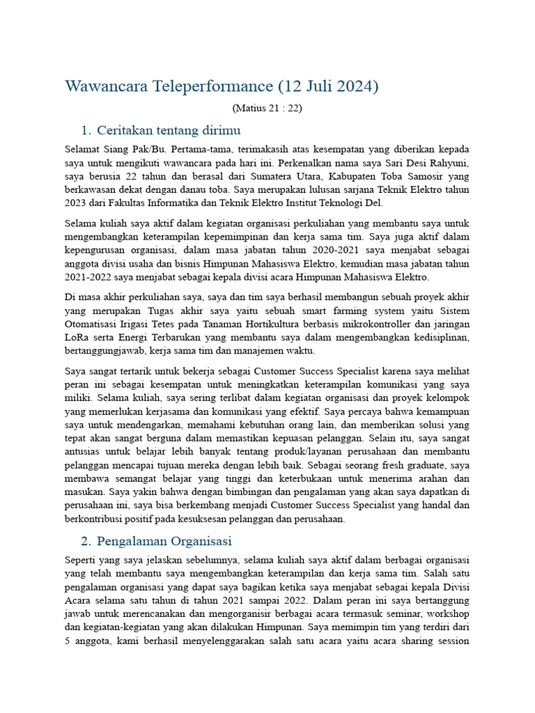 Wawancara Teleperformance | PDF | Karier & Perkembangan | Bisnis