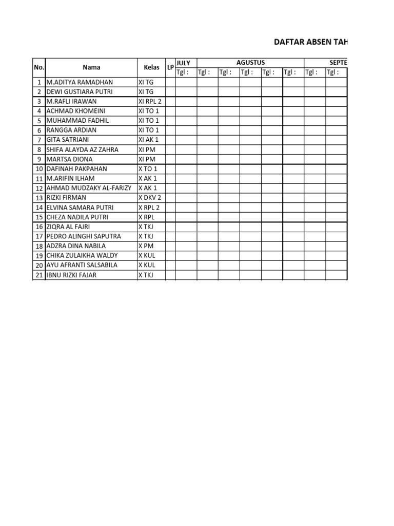 Daftar Absen Tahfidzul Qur'An | PDF