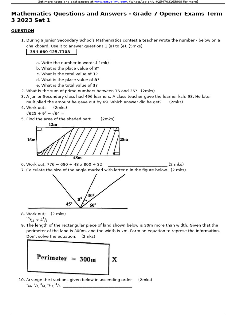 Mathematics Questions and Answers - Grade 7 Opener Exams Term 3 2023 ...