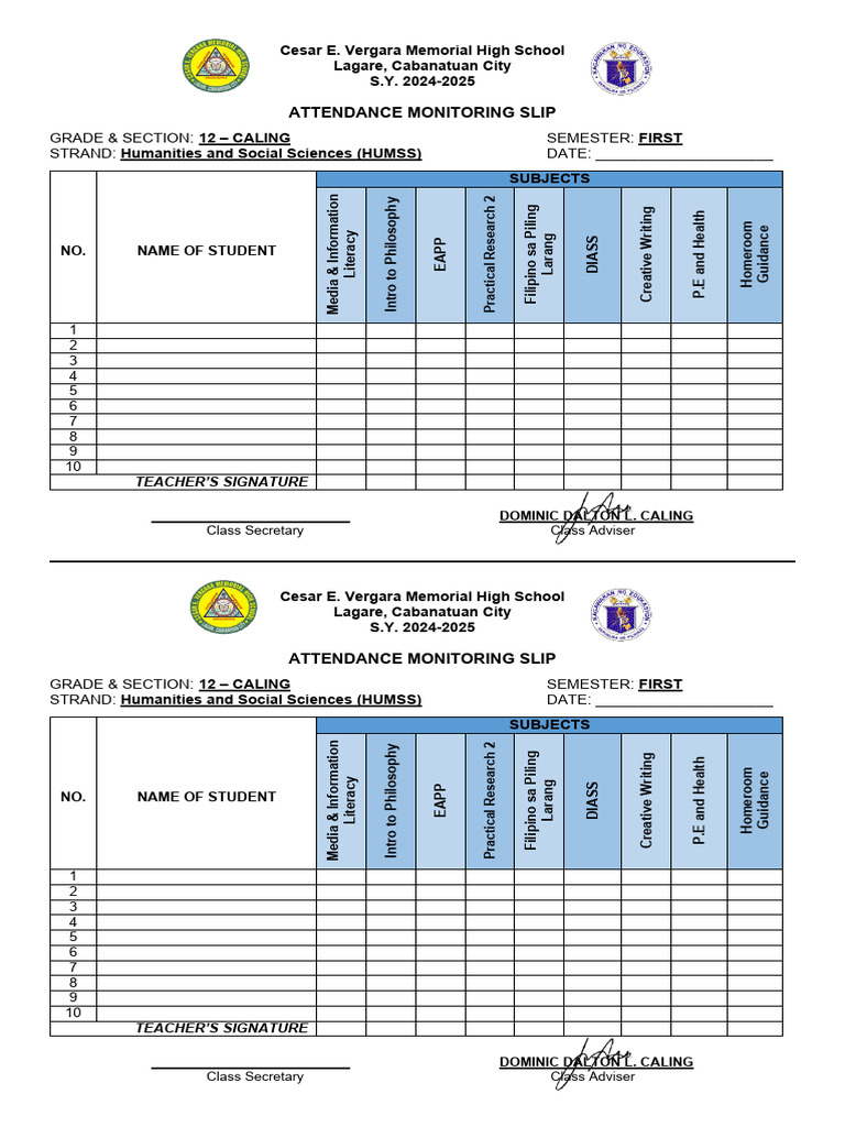 12 CALING Attendance Monitoring Slip 1st Sem | PDF | Liberal Arts ...