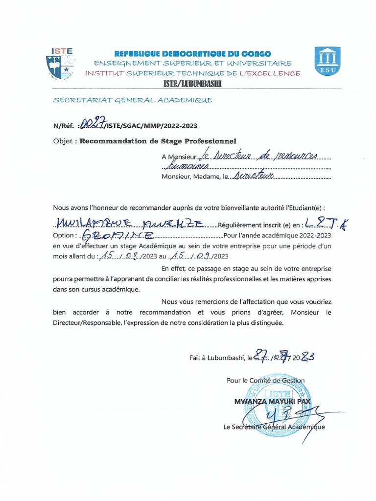 Lettre de Recommandation de Stage | PDF