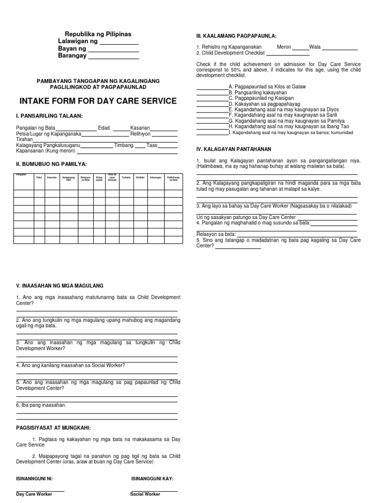 Intake Form For Day Care Service | PDF