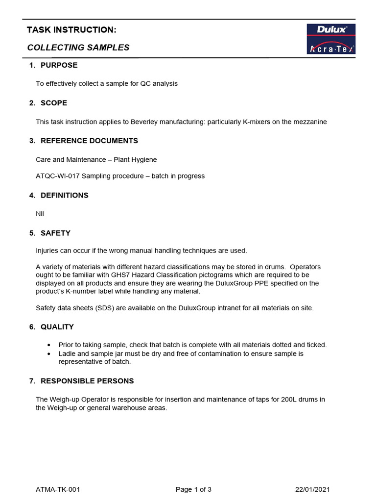 ATMA-TK - Collecting Samples | PDF | Occupational Safety And Health ...