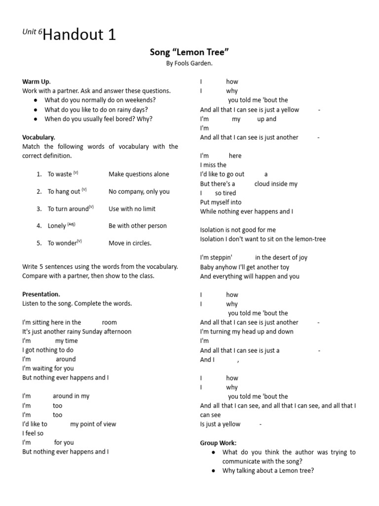 Song - Lemon Tree (Present Simple) | PDF | Lemon