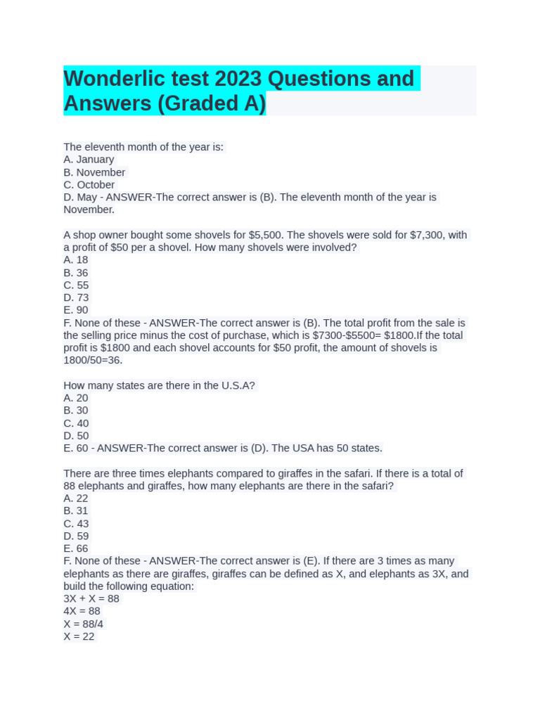 Wonderlic Test A 2023 Questions and Answers | PDF | Equations | Volume