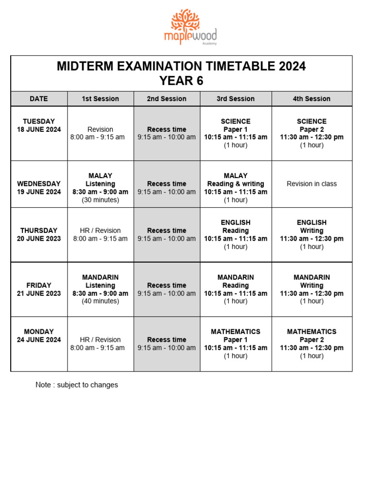 Year_6_Midterm_Examination_Timetable_2024 | PDF