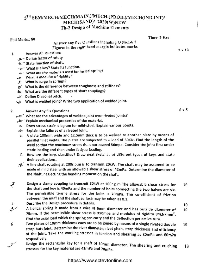 Mech 5 Sem Design of Machine Elements Winter 2020 | PDF