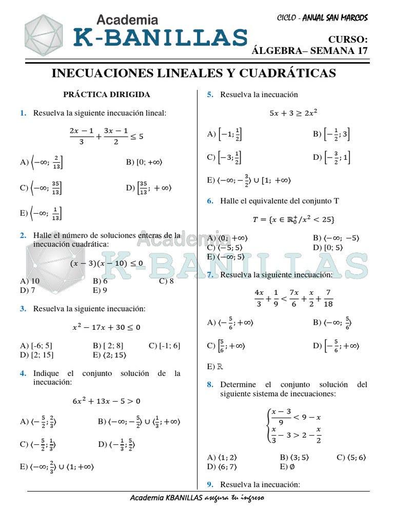 Álgebra - Semana 17 - Inecuaciones Lineales y Cuadráticas | PDF | Matemáticas | Álgebra