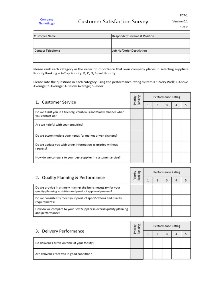 F07-1 Customer Satisfaction Survey | PDF | Pricing | Customer Satisfaction