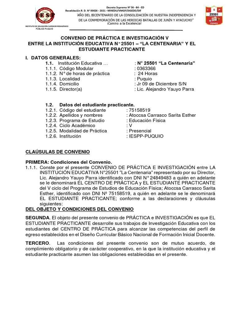 Convenio Practica Individual Sarita | PDF | Maestros | Evaluación