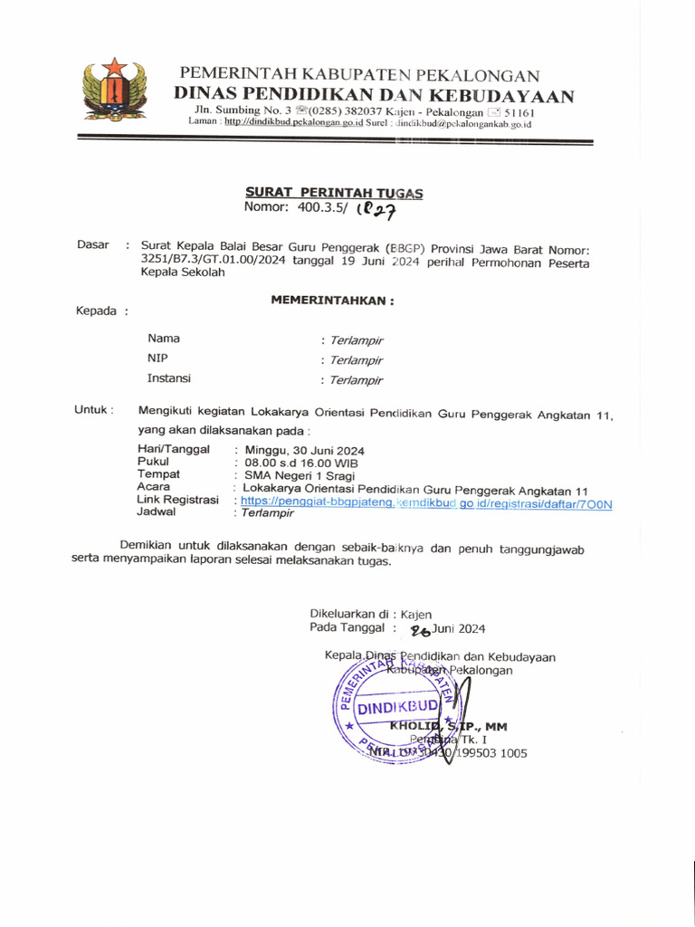 SPT KS Lokakarya Orientasi PGP A11 Kab Pekalongan 2024 | PDF