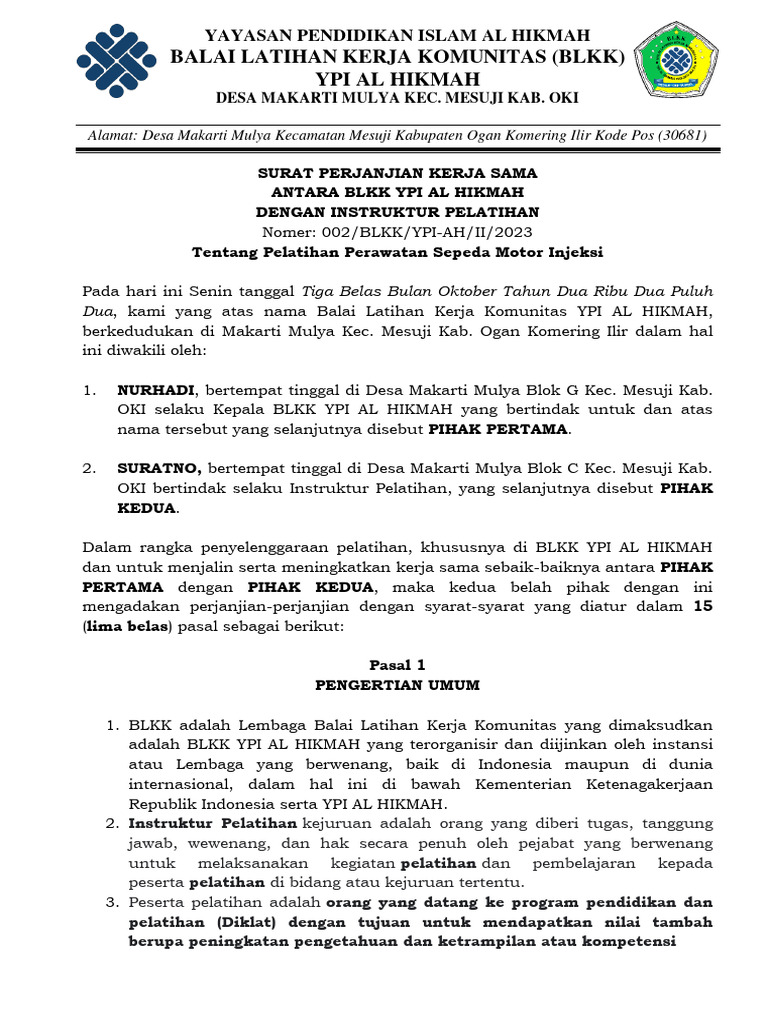 Perjanjian Kerja Sama Pelatihan BLKK | PDF