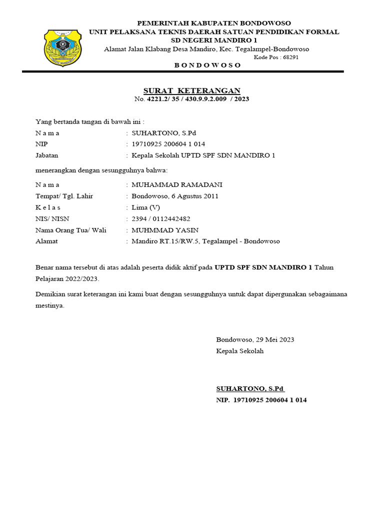 Surat Keterangan Siswa SD Mandiro 1 | PDF