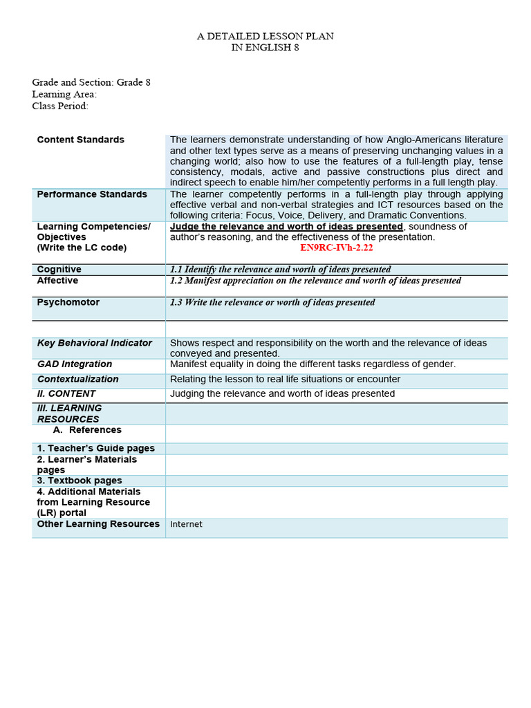 A Detailed Lesson Plan in English 8 | PDF | Learning | Lesson Plan