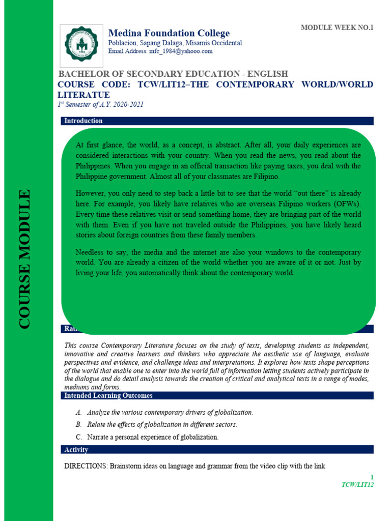 Course Module Week 1-Contemporary World | PDF | Linguistic Typology ...