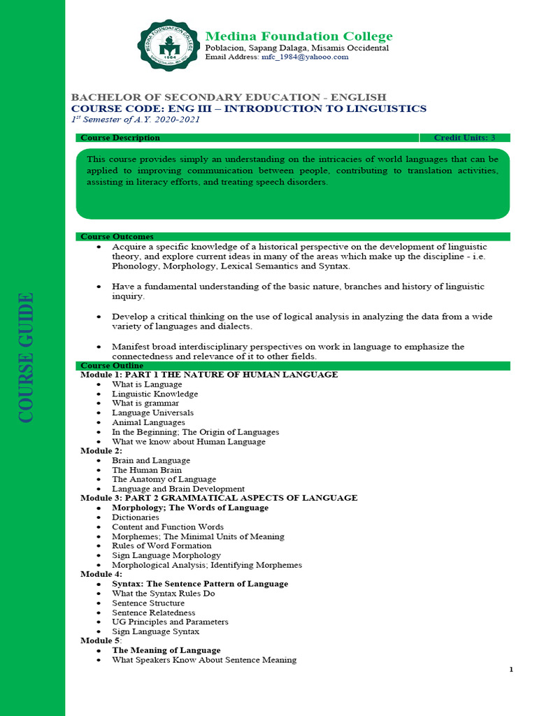 Course Guide (Intro To Linguistics) | PDF | Phonology | Linguistics
