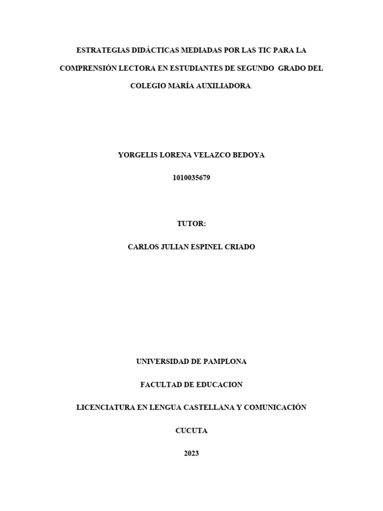 PROYECTO CAP 1 JULIAN ESPINEL Corregido | PDF | Comprensión lectora | Aprendizaje