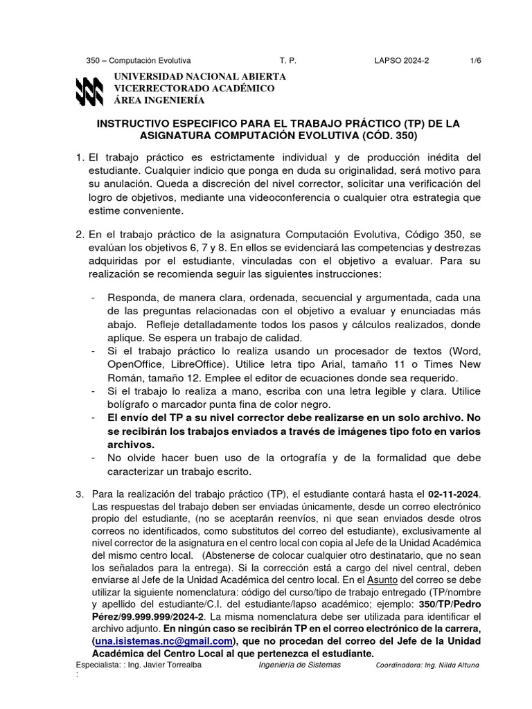 Instructivo Especifico para El Trabajo Práctico (TP) de La Asignatura Computación Evolutiva (Cód ...