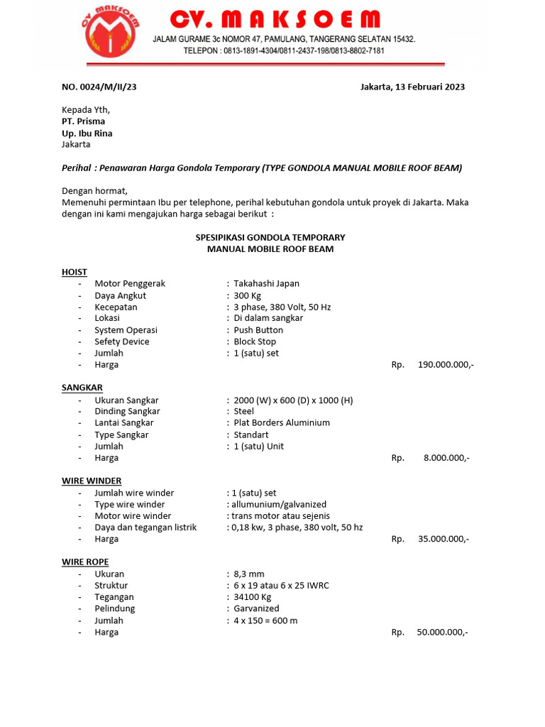 0024 PT Prisma Ibu Risna (Gondola Manual Mobile Roof Beam) | PDF