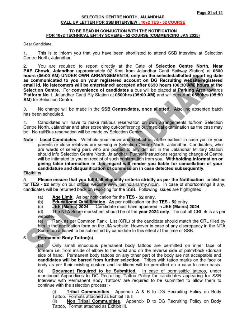 Call Up Letter SCN Jalandhar For Tes 52 Course | PDF | Identity Document