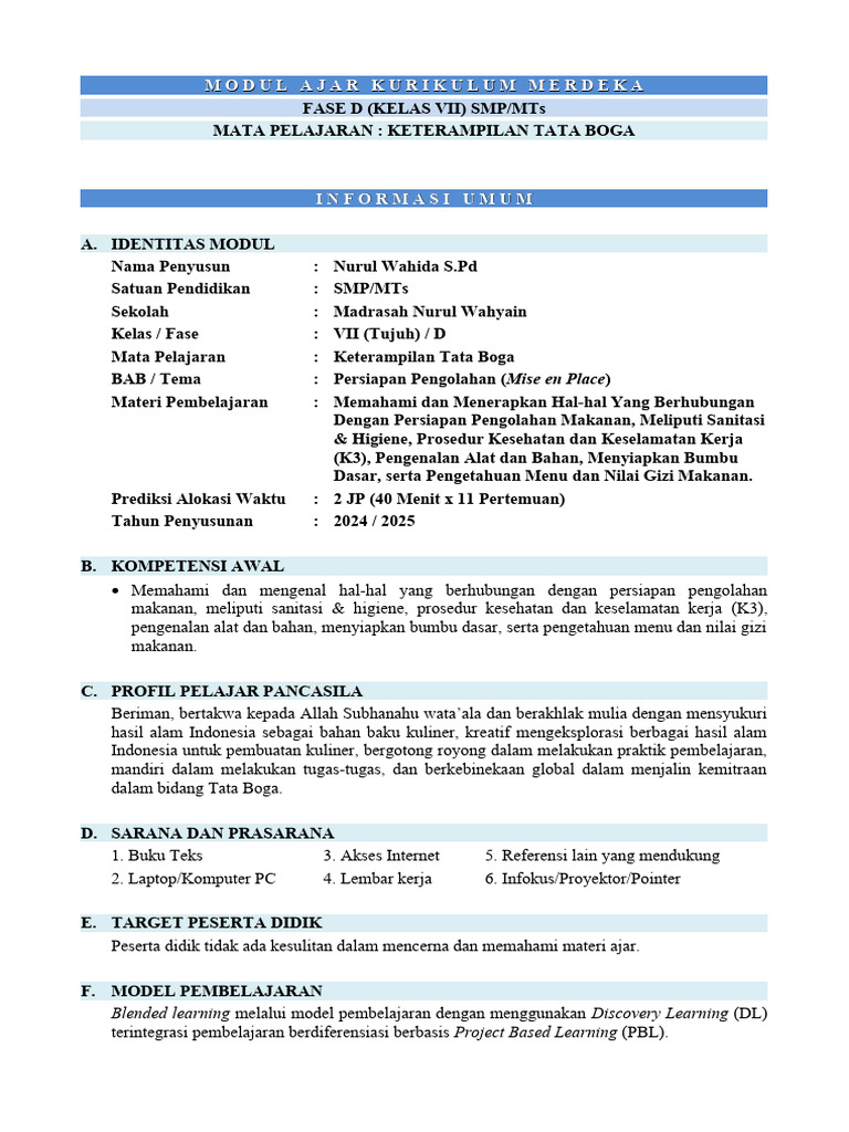 Modul Ajar Tata Boga Sem. 1 | PDF