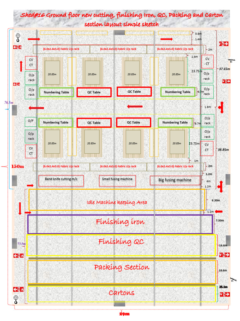 Shed#16 New Cutting, Finishing Iron, QC, Packing and Carton Section Layout Simple Sketch | PDF