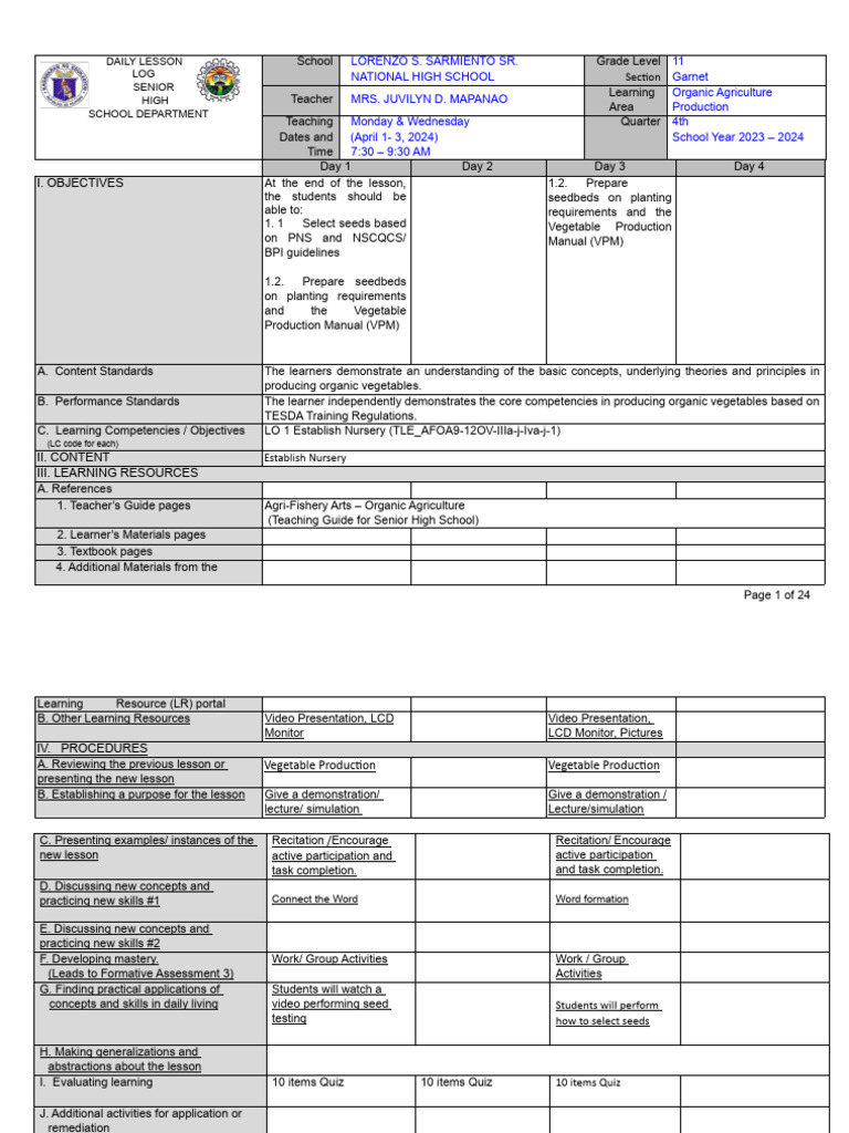DAILY LESSON LO1 AGRI | PDF | Learning | Lecture