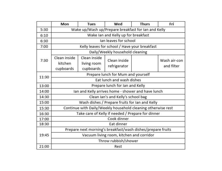 Cleaning Schedule (Mon - Fri) | PDF