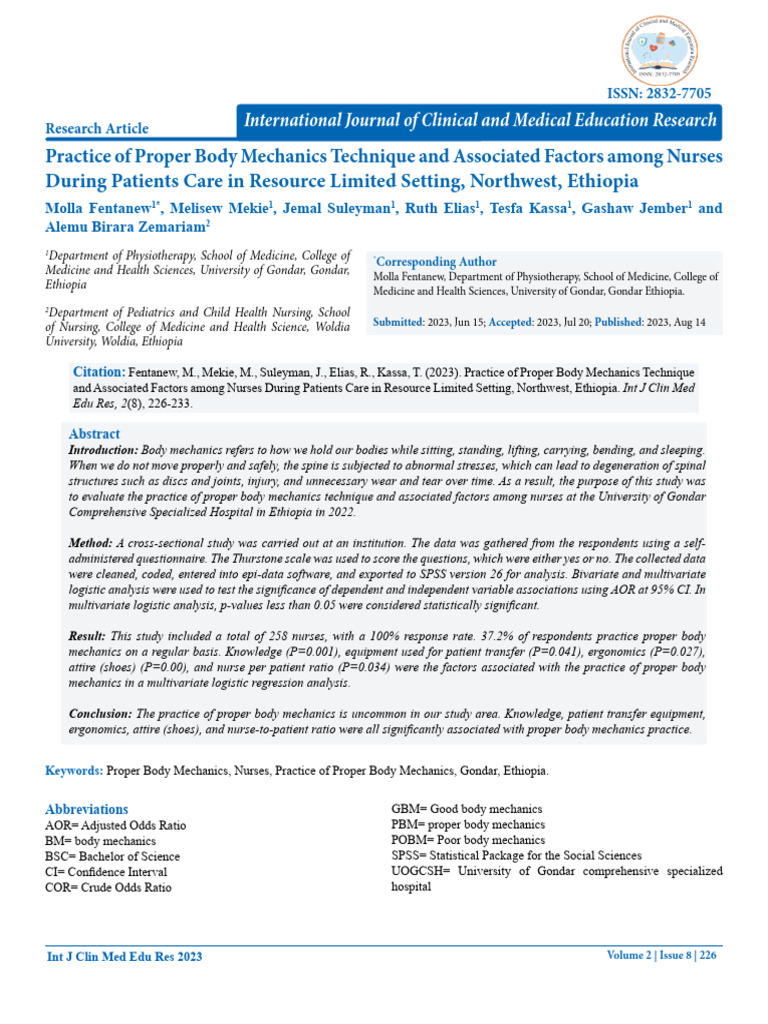 Practice of Proper Body Mechanics Technique and Associated Factors ...