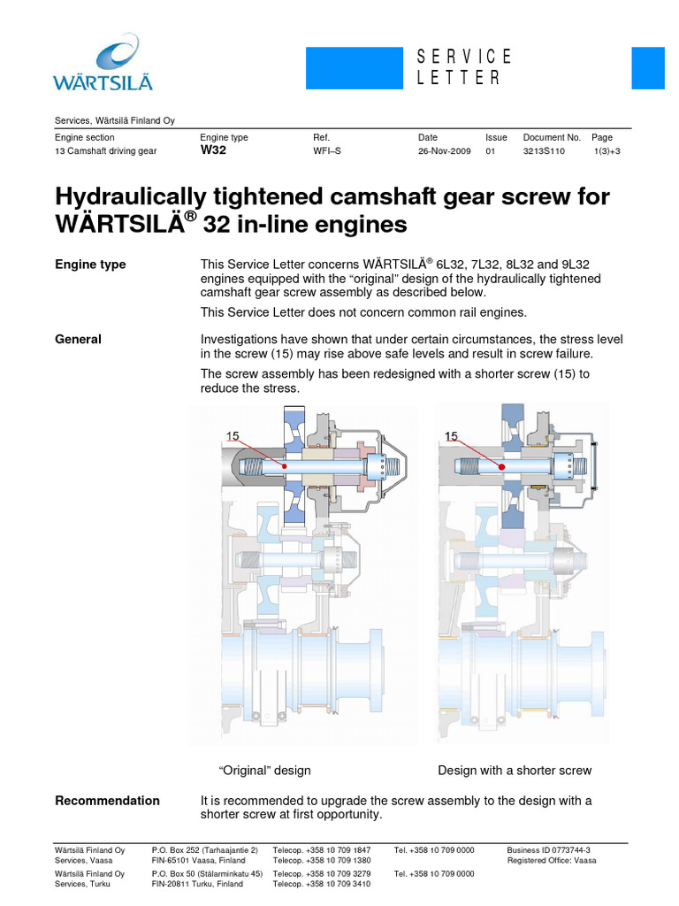 Wartsila 32 - Service Letter - Camshaft Gear | PDF | Pump | Valve
