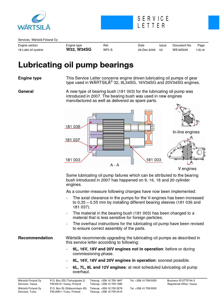 Wartsila 32 Service Letter - Lubricating Oil Pump Bearings | PDF | Bearing (Mechanical) | Pump